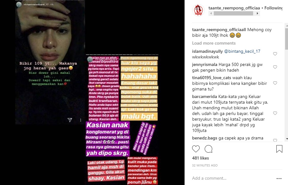 Wow, Harga Bibir 'Dower' Nikita Mirzani Mencapai Rp 109 Juta