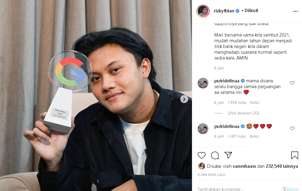 Lagu ‘Cuek’ Rizky Febian Sabet Penghargaan dari Google, Ungkapan Putri ...